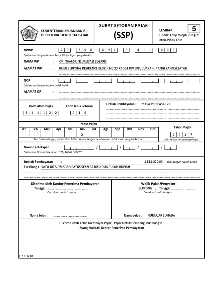Formulir Surat Setoran Pajak (SSP) PPH 22 Pemungut | PDF