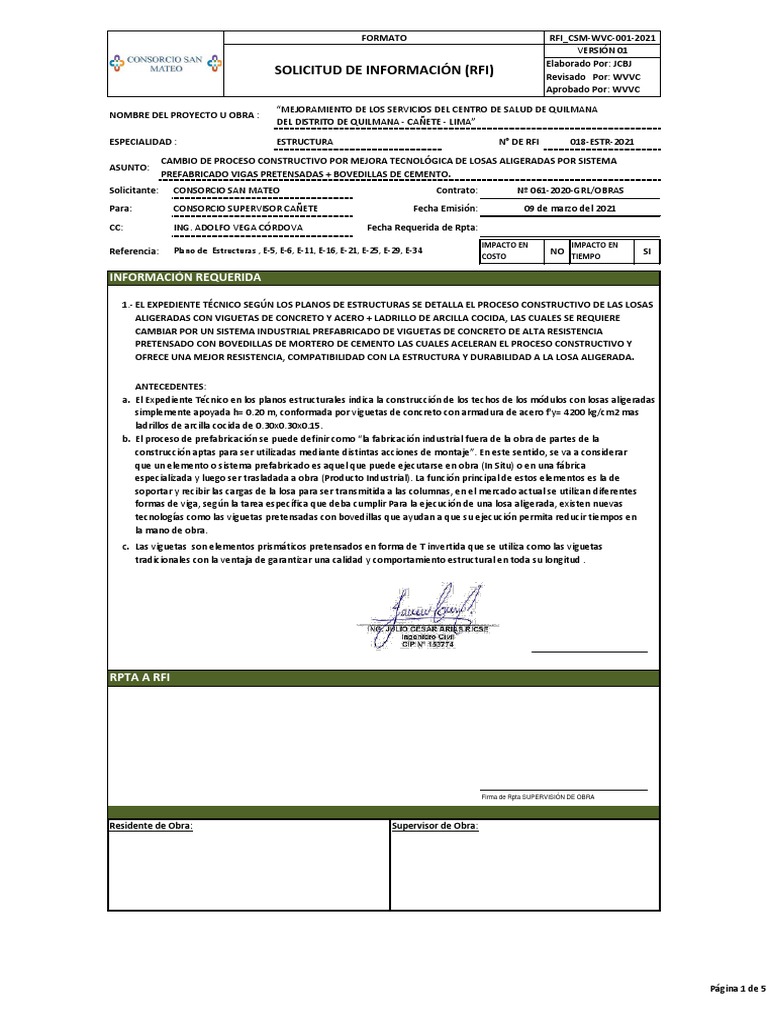 Rfi #018-2021 - CSM Estructuras - Cambio de Proceso Constructivo-L. Aligerados | PDF | Hormigón ...