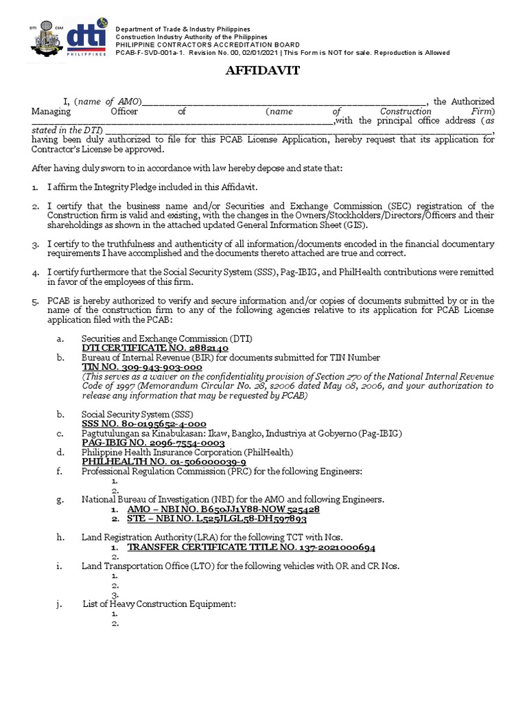 Affidavit: Philippine Contractors Accreditation Board | PDF | U.S ...