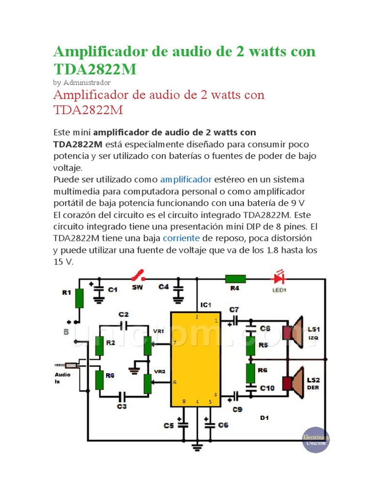 Amplificador de Audio de 2 Watts Con TDA2822M | PDF | Amplificador | Resistencia Eléctrica y ...