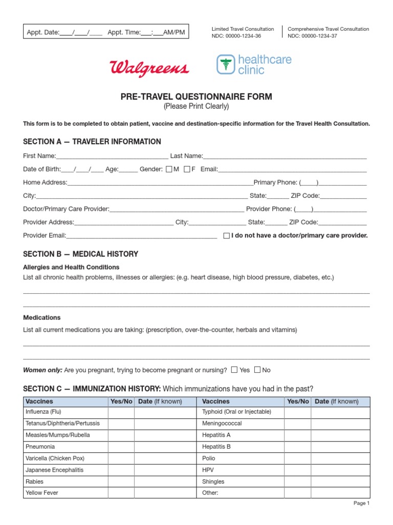 Pre-Travel Questionnaire Form: Section A - Traveler Information | PDF ...