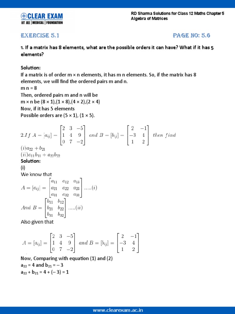 RD Sharma Class 12 Maths Solutions Chapter 5 Algebra of Matrices | PDF ...