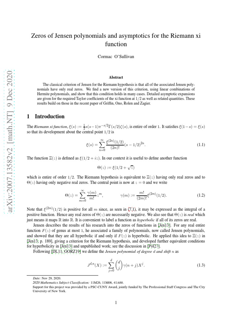 Zeros of Jensen Polynomials and Asymptotics For The Riemann Xi Function ... Zeros of Jensen Polynomials and Asymptotics For The Riemann Xi Function ...