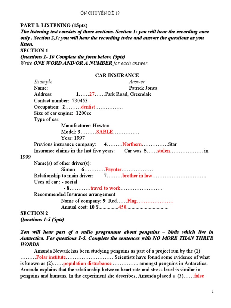 Write ONE WORD AND/OR A NUMBER For Each Answer.: Part I: Listening ...