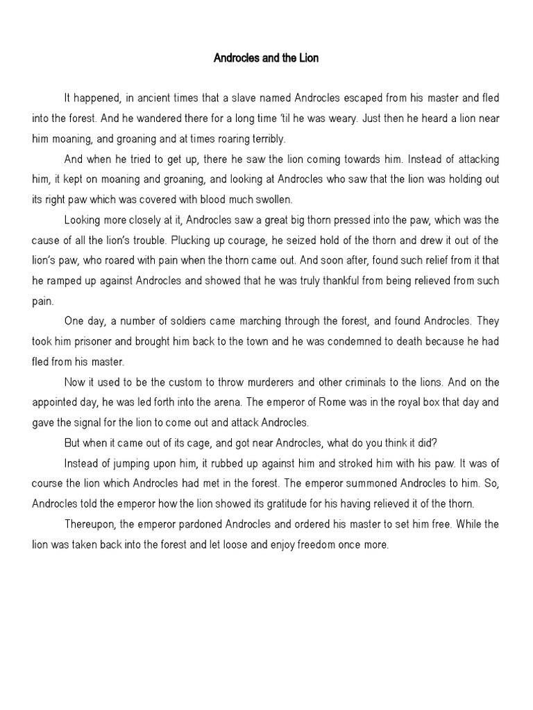 A Tale of Gratitude: Androcles and the Lion Who Spared His Life | PDF ...