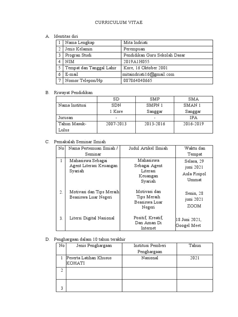 Curriculum Vitae Mita Indriati | PDF