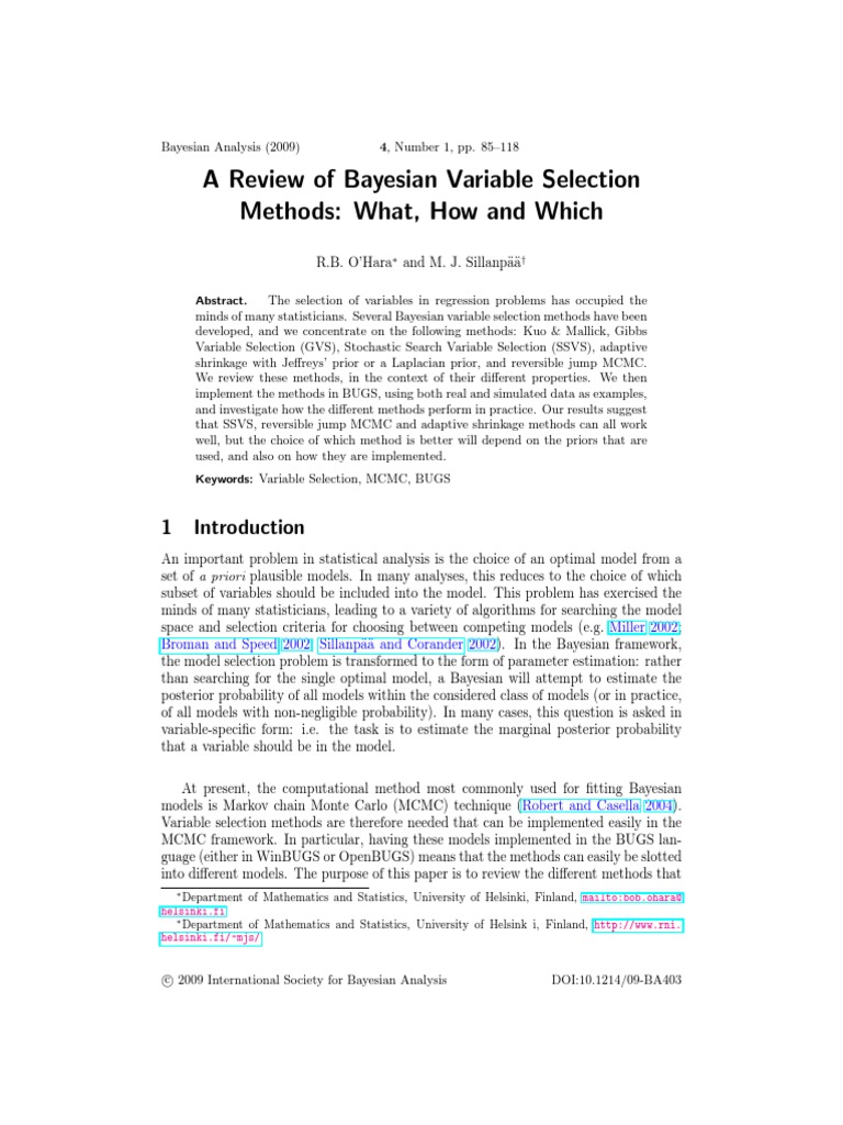 A Review Of Bayesian Variable Selection Pdf Dependent And Independent Variables Regression