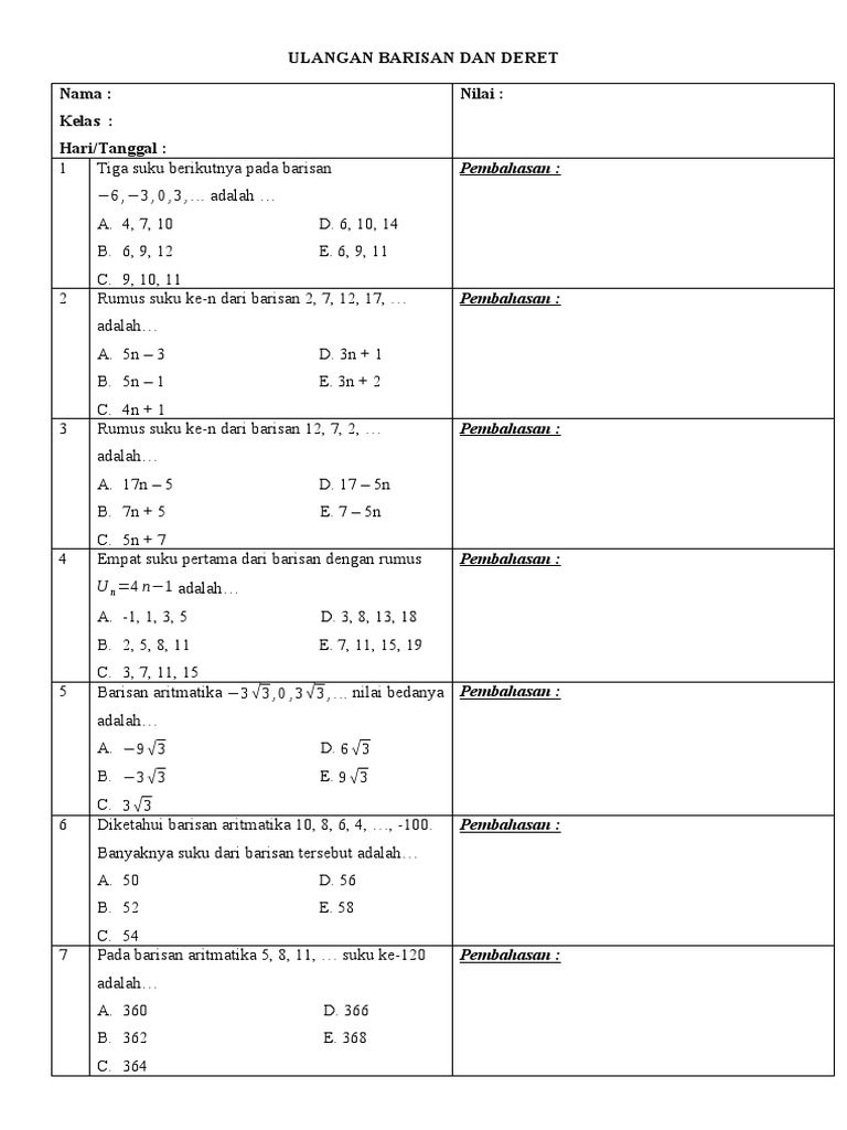 UH Barisan Dan Deret Bilangan | PDF | Metode & Bahan Ajar