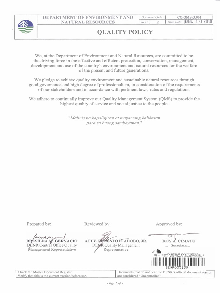 Denr Qms Policy 2018 | PDF