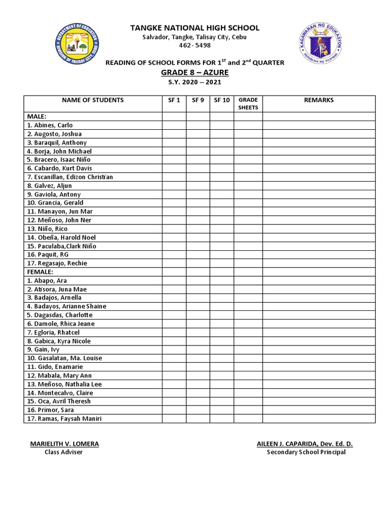 School Forms Reading Checklist 2025 | PDF