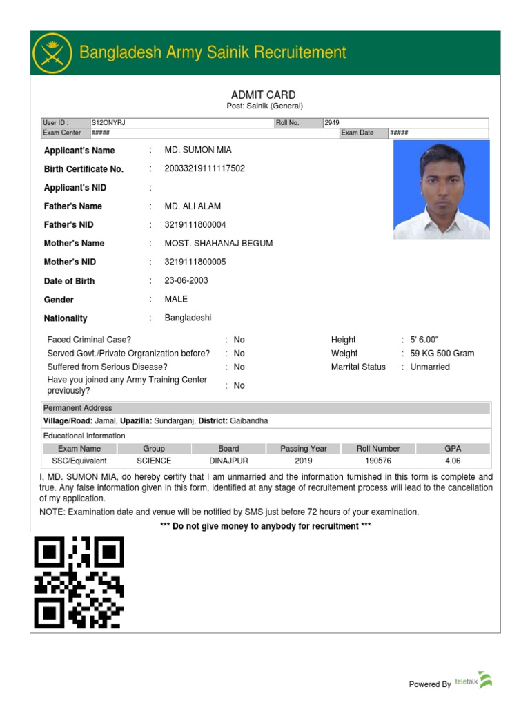 Bangladesh Army Sainik Recruitement: Admit Card | PDF