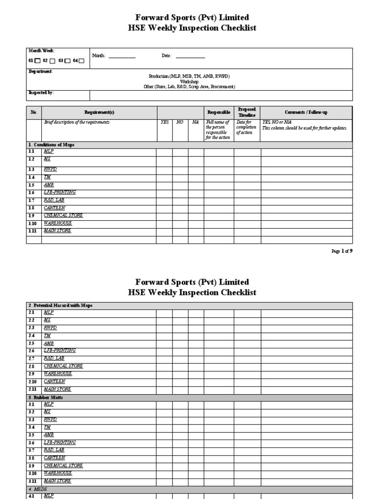 Forward Sports (PVT) Limited HSE Weekly Inspection Checklist | PDF ...