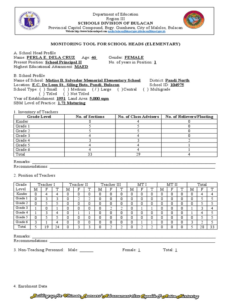 Monitoring Tool For School Heads 2019 | PDF | Learning | Human Nature