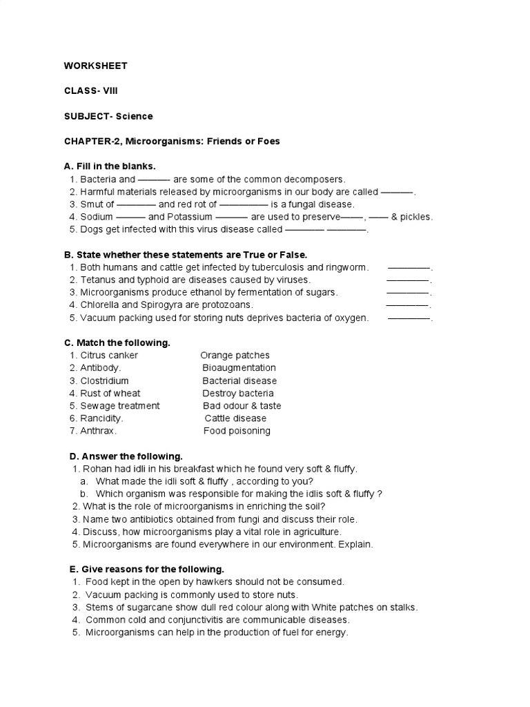 Worksheet Class-Viii SUBJECT - Science CHAPTER-2, Microorganisms ...