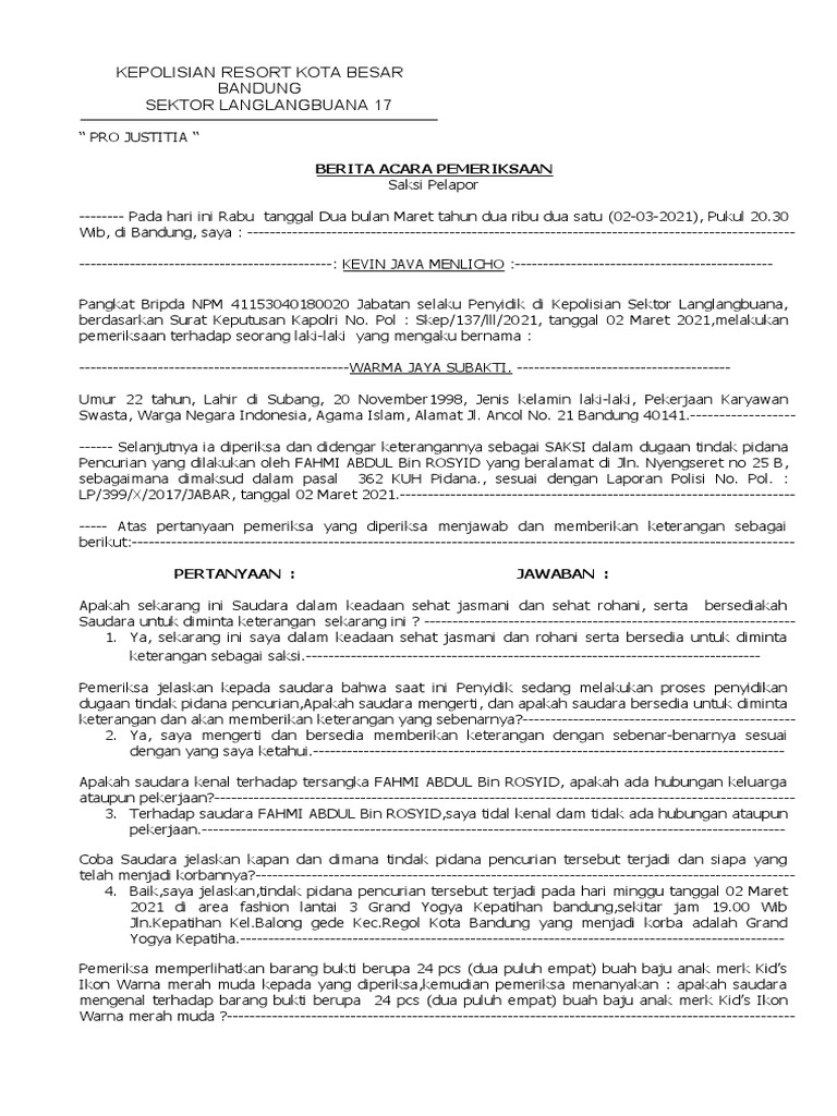 BAP SAKSI PELAPOR SAKSI Dan TERSANGKA | PDF