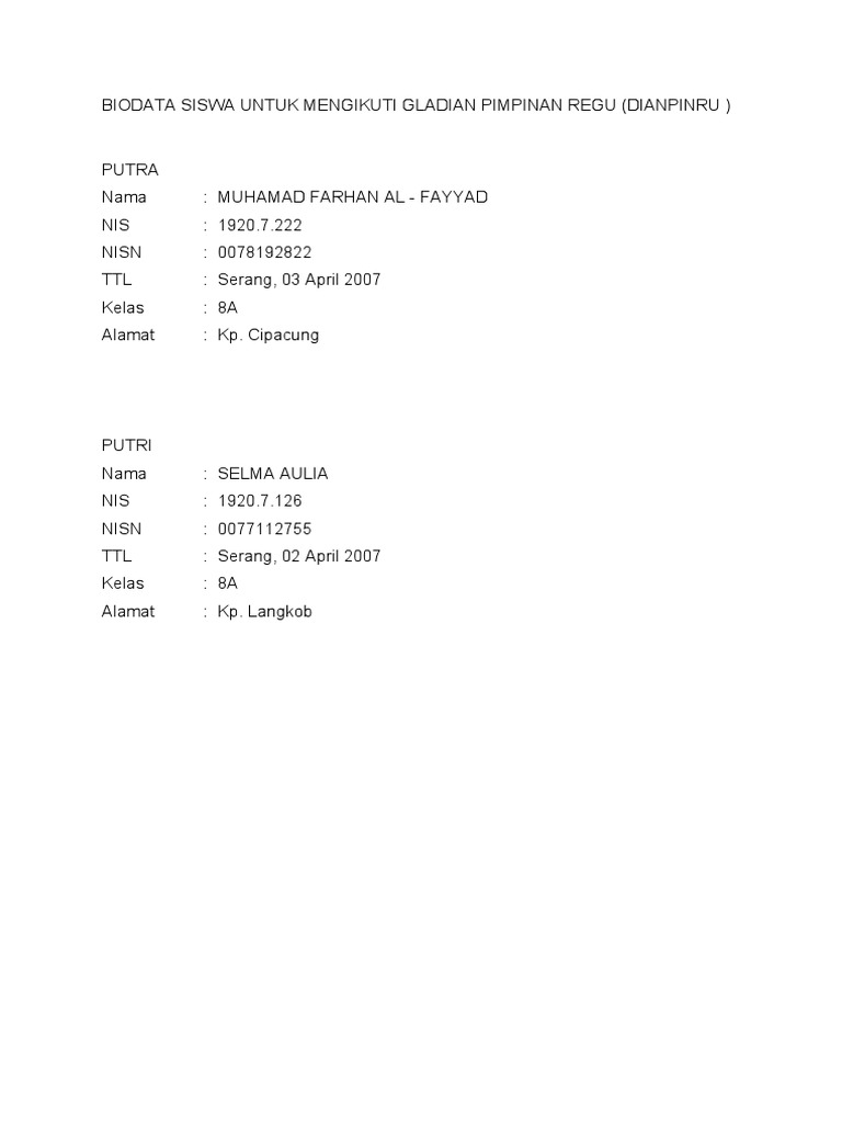 Biodata Siswa Untuk Mengikuti Gladian Pimpinan Regu | PDF