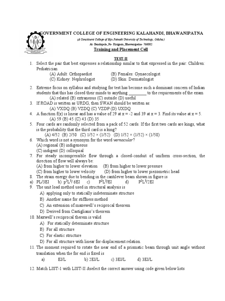 Government College of Engineering Kalahandi, Bhawanipatna: Test-Ii ...