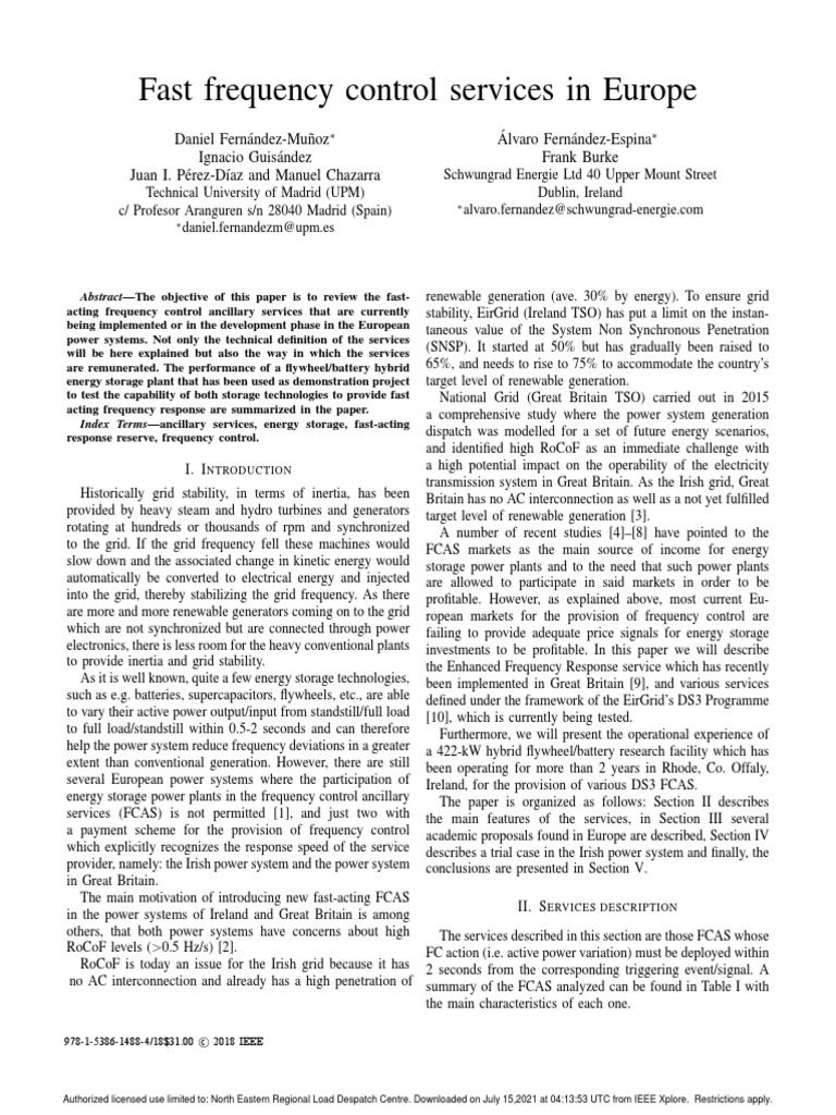 Fast Frequency Control Services in Europe | PDF | Electrical Grid ...