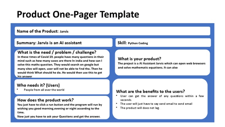Product One-Pager Template: Name of The Product: Summary: Jarvis Is An ...