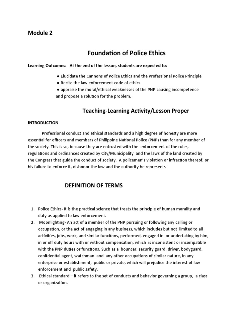 Foundation of Police Ethics: Learning Outcomes: at The End of The ...