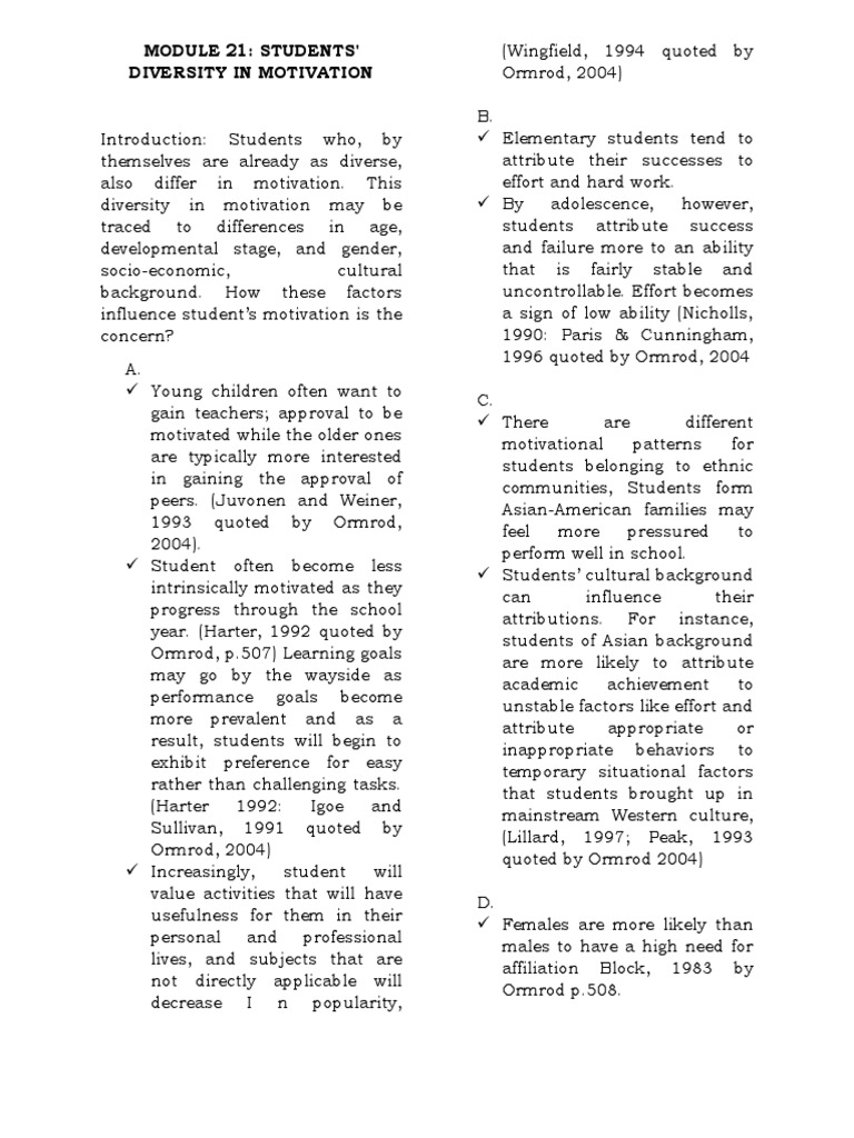 2 Columns Module 21 Students' Diversity in Motivation | PDF | Motivation | Motivational