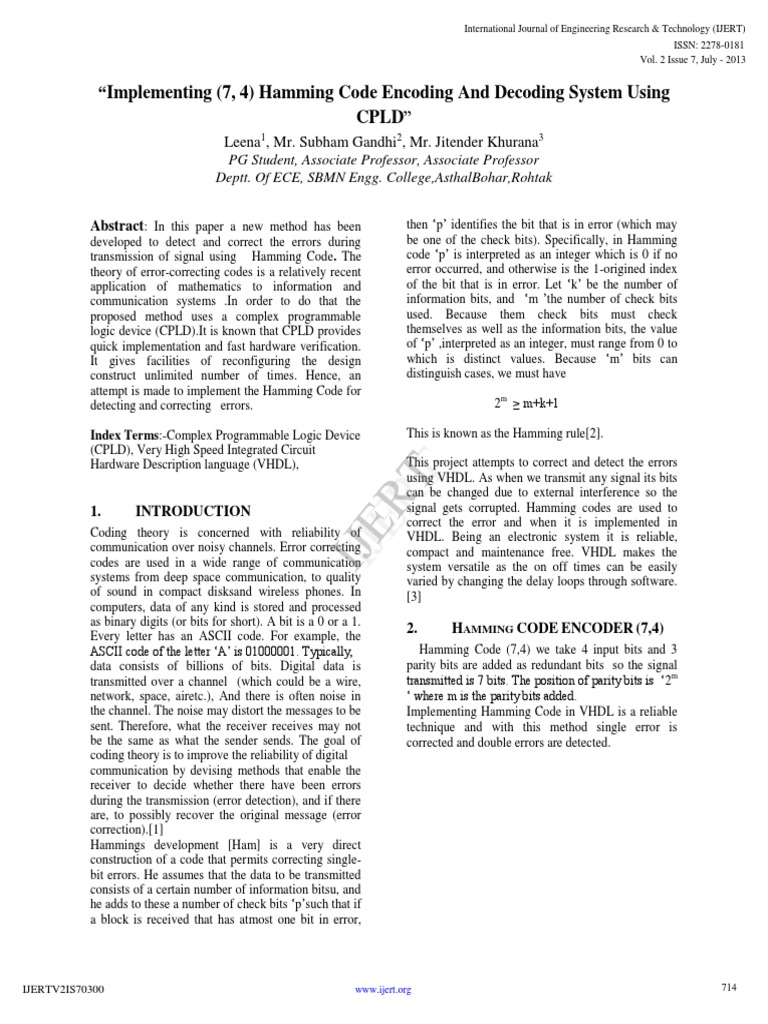 Implementing 7 4 Hamming Code Encoding And Decoding System Using Cpld Ijertv2is70300 Pdf
