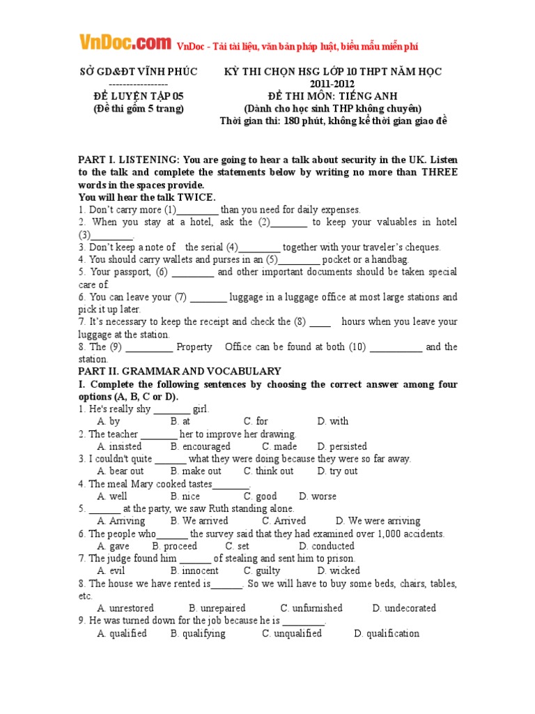 De Thi HSG Tieng Anh Lop 10 Tinh Vinh Phuc Nam Hoc 2011 2012 | PDF | Fern | Plants