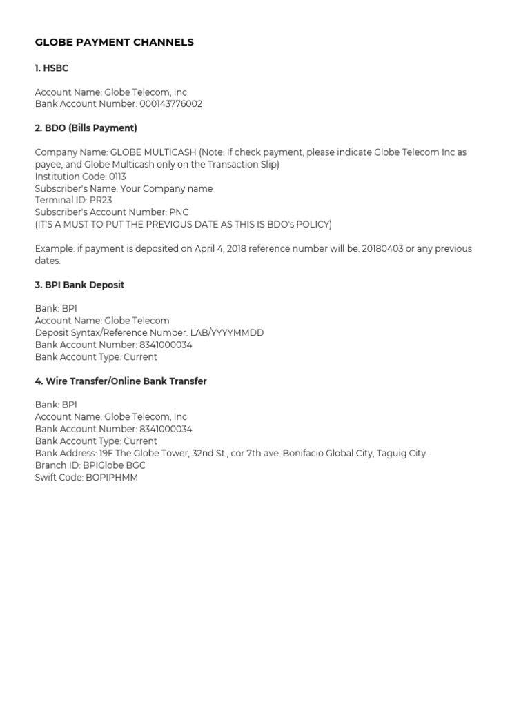 Globe Payment Channels | PDF | Law