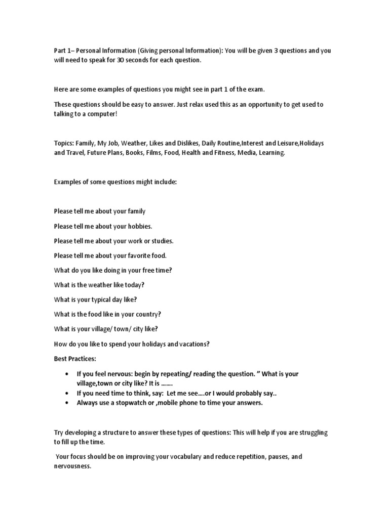 APTIS Speaking Part 1 Tips and Examples | Download Free PDF | Leisure ...