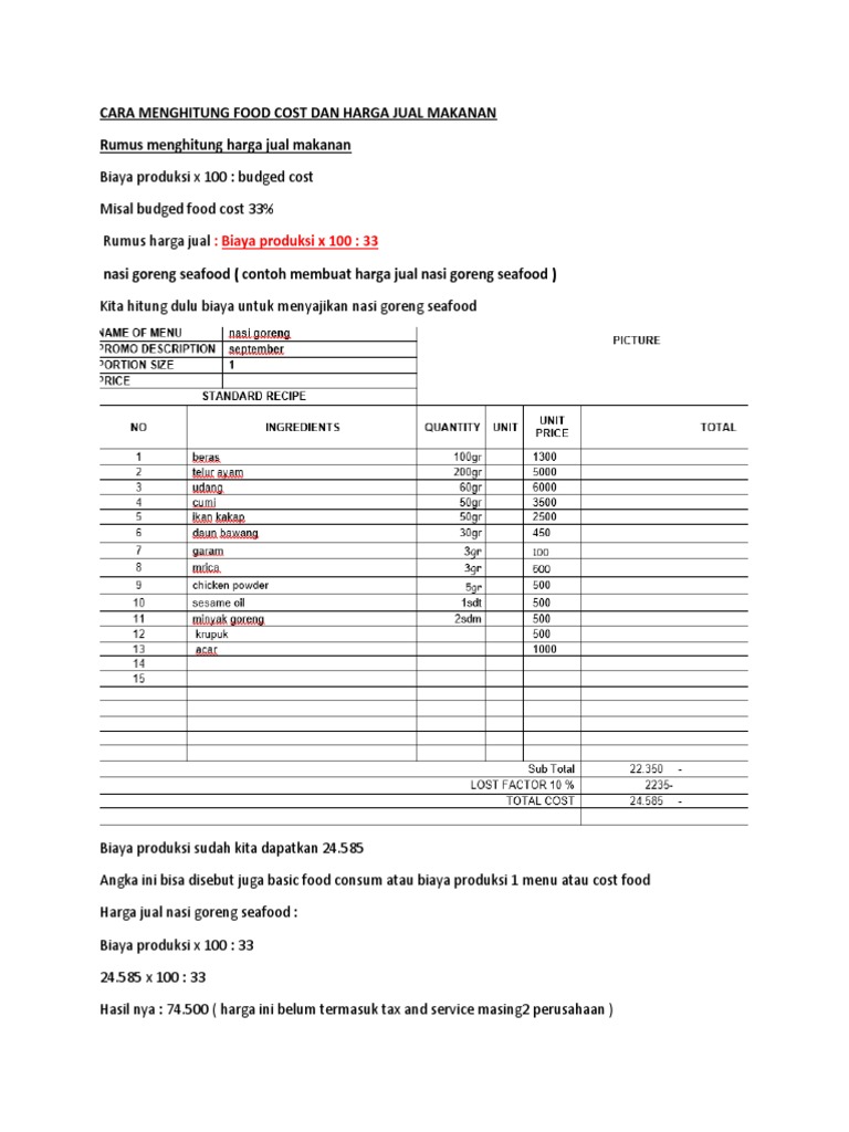 Menghitung Food Cost dan Harga Jual | PDF | Bisnis | Pengelolaan ...