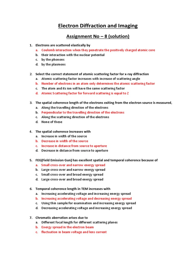 Electron Diffraction and Imaging: Assignment No - 8 (Solution) | PDF ...