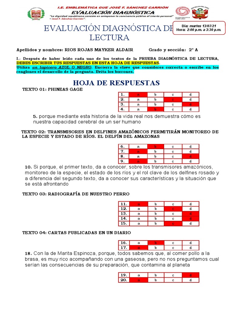 Ficha de Respuestas - Evaluación de Lectura - 2do Grado Rios Rojas ...