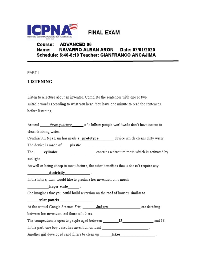 Advanced 06 Final Test Icpna RG | PDF | Communication | Science