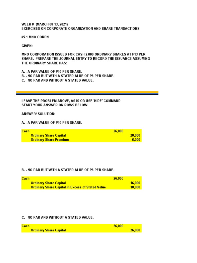 Share Issuance and Journal Entries | PDF | Preferred Stock | Treasury Stock