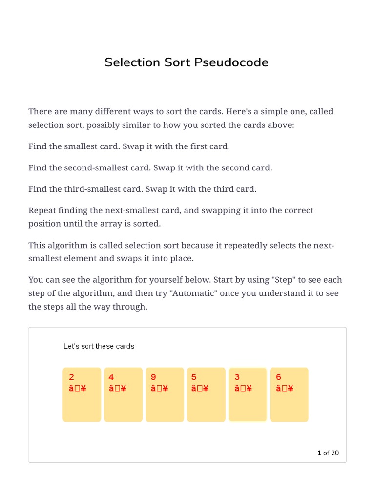 Selection Sort Pseudocode: Let's Sort These Cards | PDF | Array Data ...