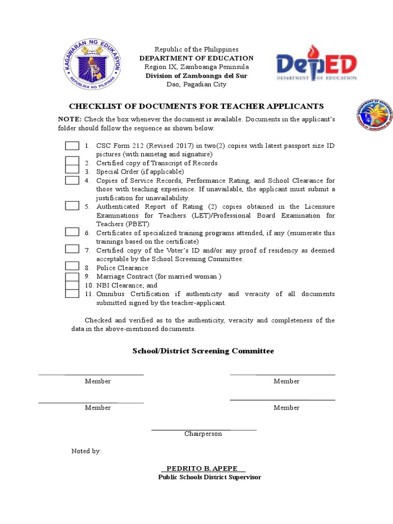 Deped Teacher 1 Applicant Checklist | PDF