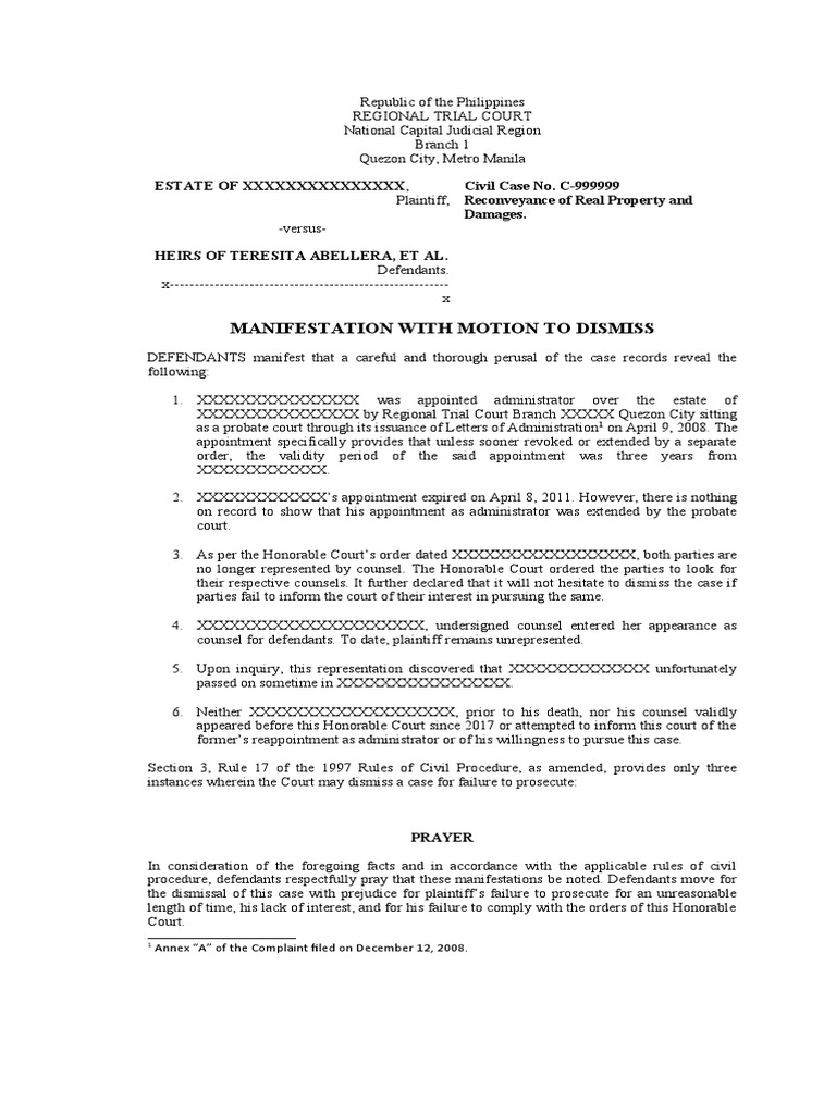 Motion To Dismiss | PDF | Prejudice (Legal Term) | Legal Procedure