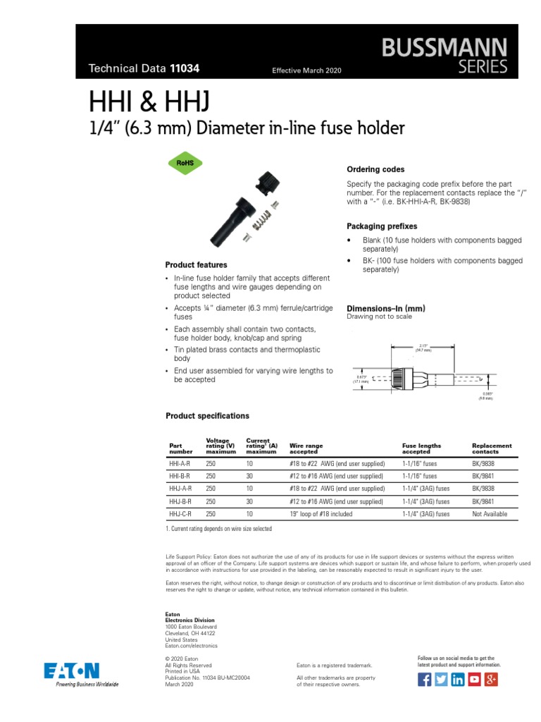 Eaton Hhi HHJ in Line Fuse Holder Data Sheet | Download Free PDF | Fuse ...