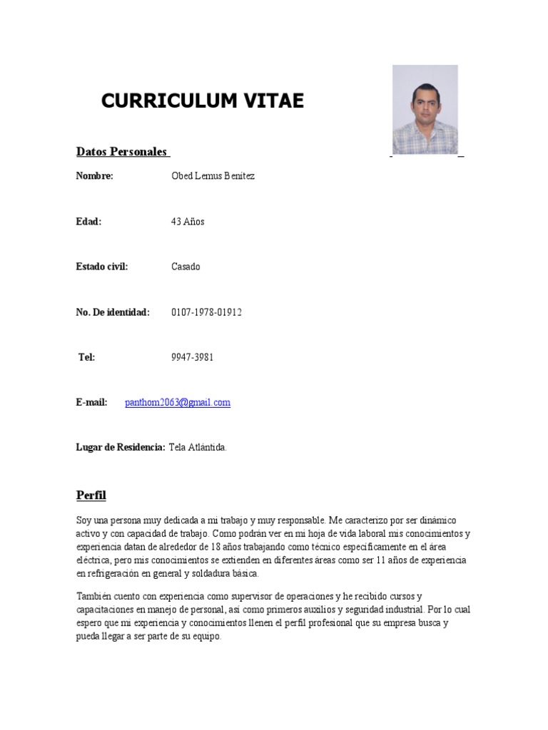 Hoja de Vida Obed Lemus | PDF | Electricista | Energía y recursos