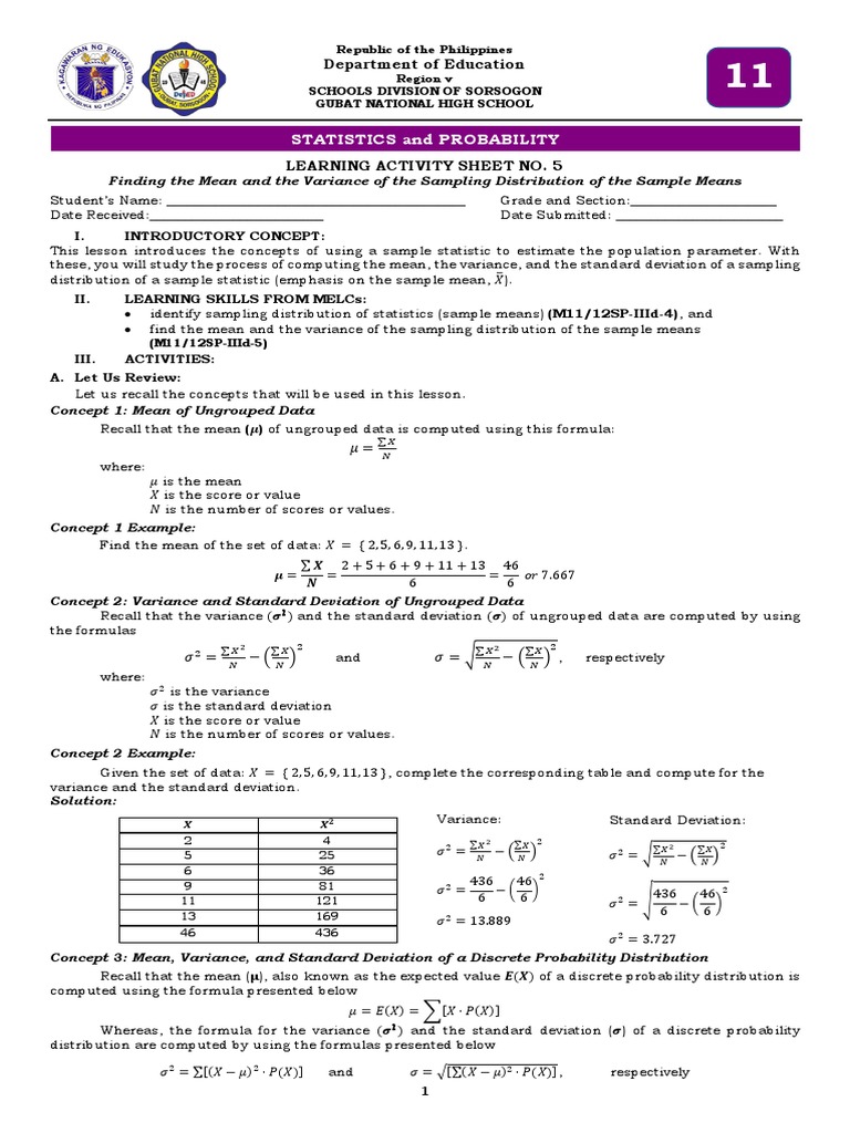 LAS 5 Statistics and Probability | PDF | Variance | Mean