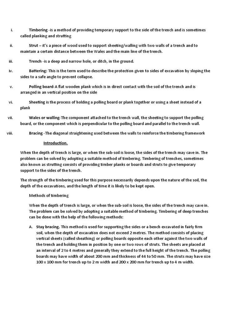 A Comprehensive Guide to Timbering Methods for Trench Excavation | PDF ...