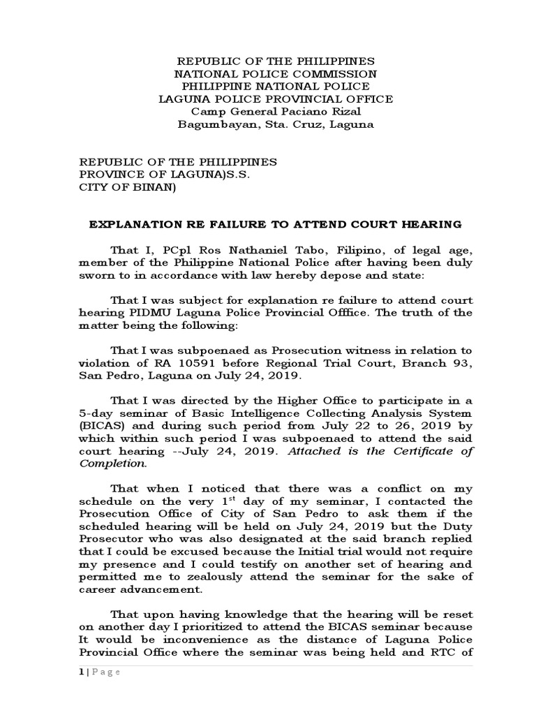 Explanation Re Failure To Attend Court Hearing: Completion | PDF ...