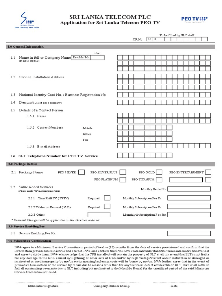 Application For SLT PEO TV Connection English | PDF | Fee ...