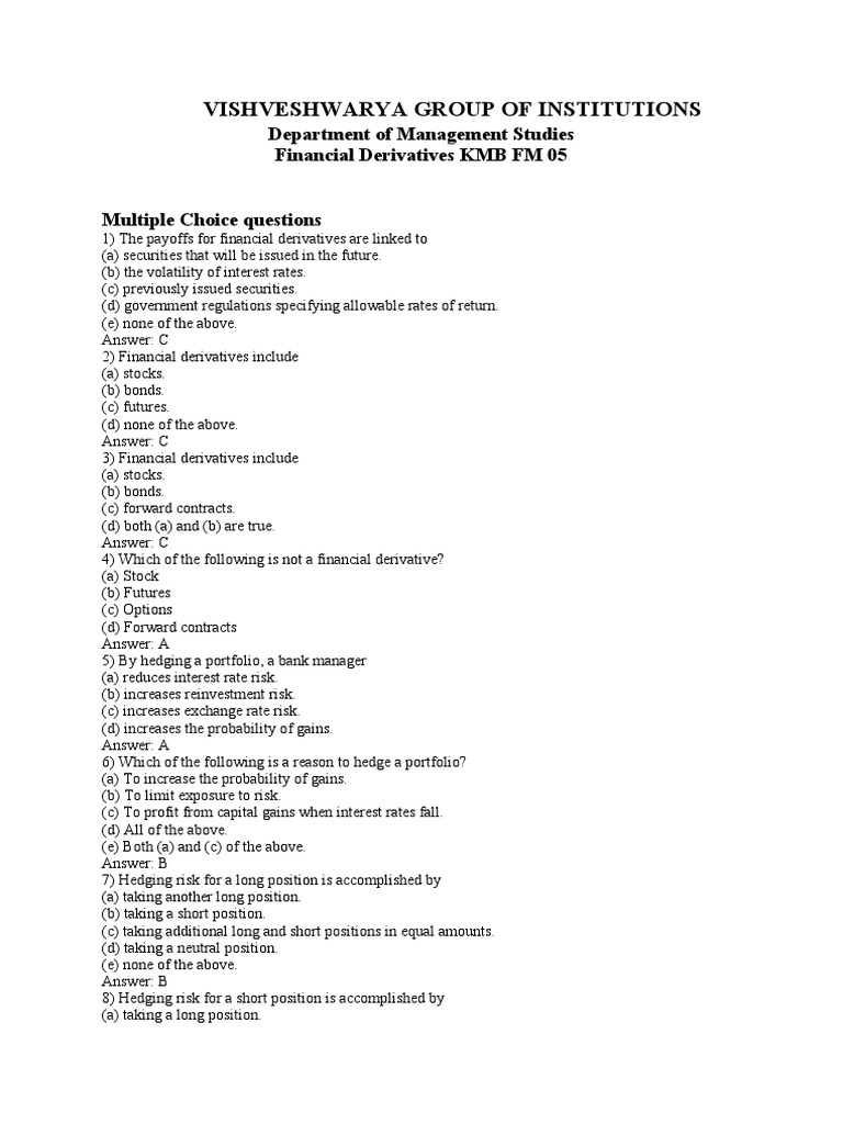 Financial Derivatives Multiple Choice Questions | PDF | Put Option ...