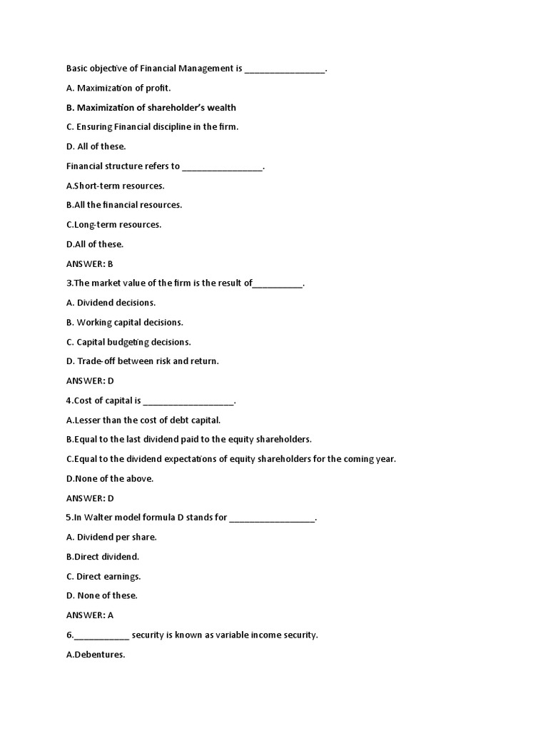 Financial Management MCQs | PDF | Capital Budgeting | Cost Of Capital