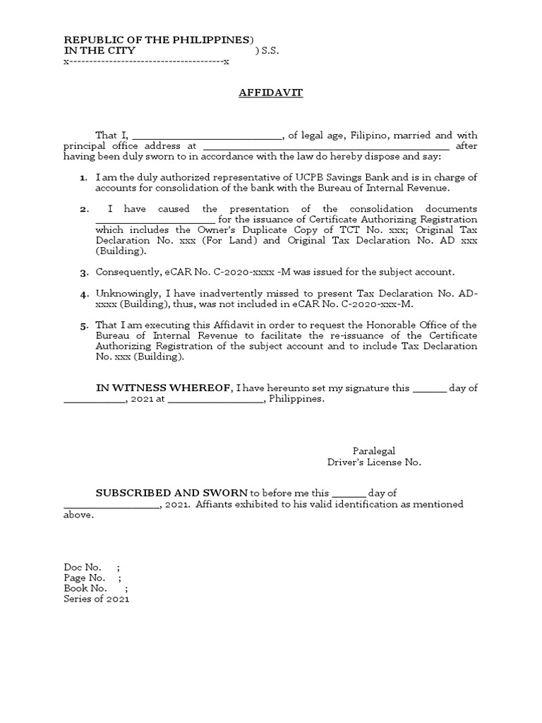 Affidavit - BIR For Ecar | PDF