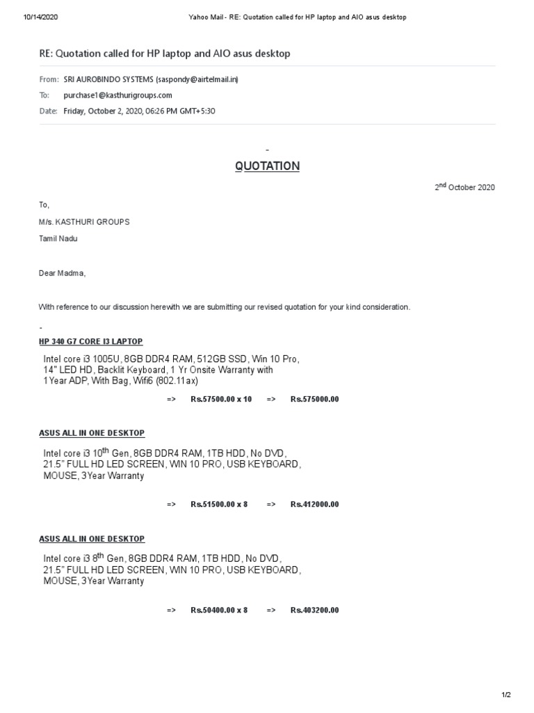 RE: Quotation Called For HP Laptop and AIO Asus Desktop | PDF | Laptop ...