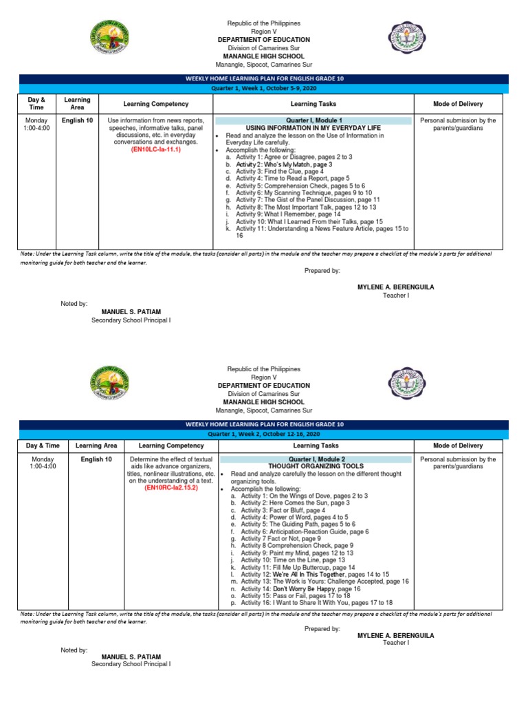 English 10-Weekly Home Learning Plan-Quarter 1-SY 2020-2021-Berenguila ...