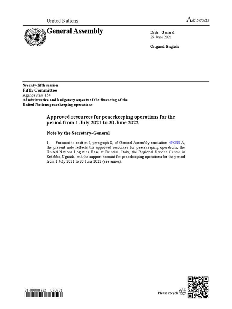 UN Peacekeeping Budget Overview 2021-2022 | PDF