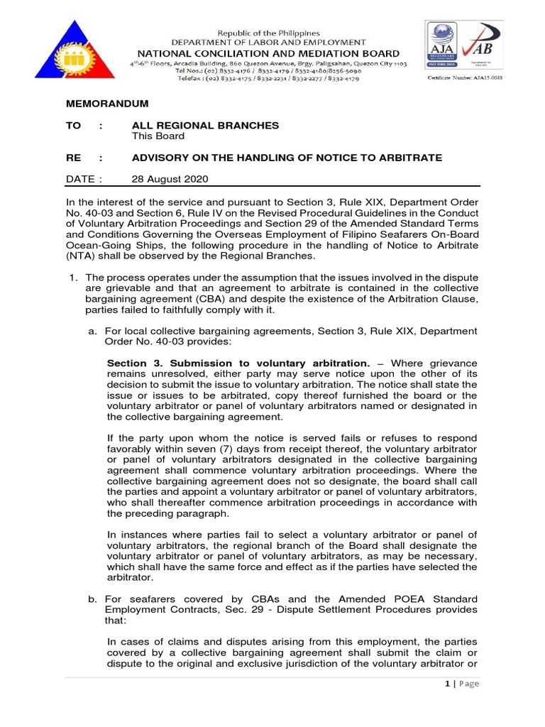 Notice to Arbitrate Guidelines for Seafarers | PDF | Arbitration ...